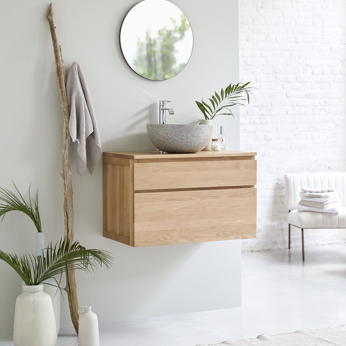 Wall-mounted oak vanity unit 80 cm - Bathroom - Tikamoon