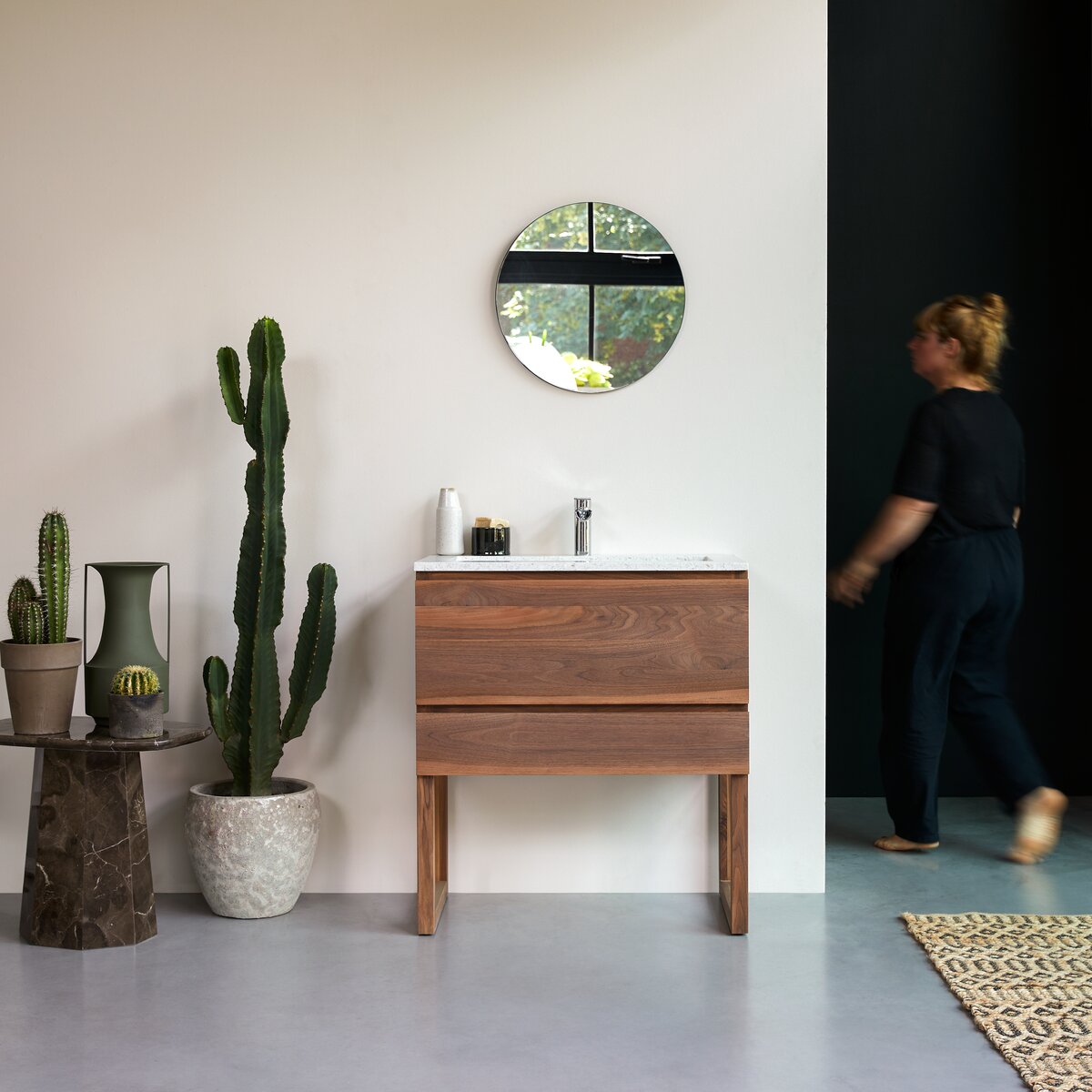 Walnut vanity unit with Moon premium terrazzo basin 80 cm - Bathroom ...