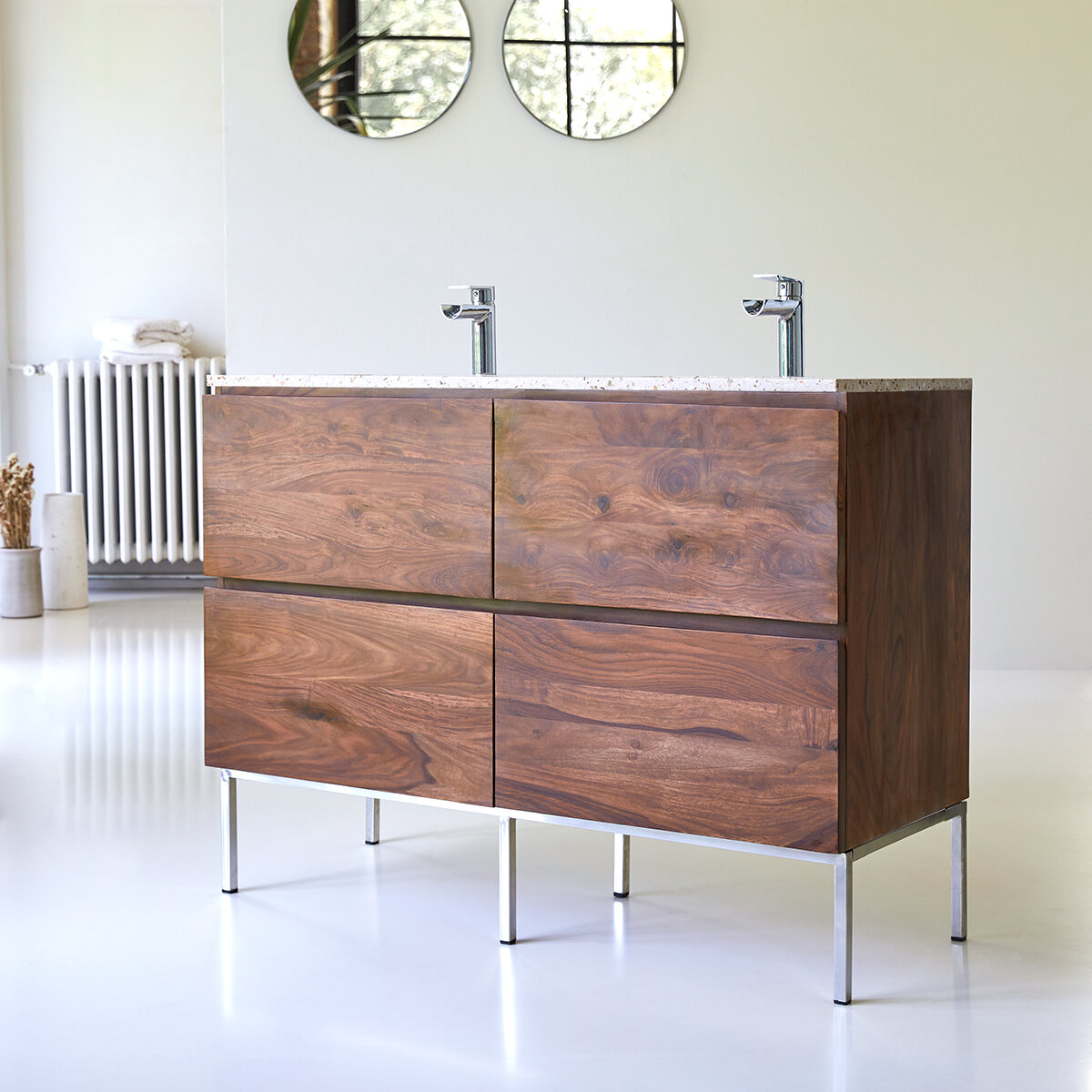 Nova Badkamermeubel van massief palissanderhout en terrazzo premium Pink 120 - Badkamer - Tikamoon