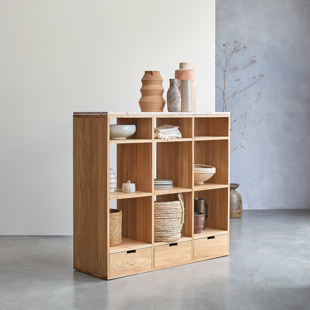Oak and premium terrazzo bookcase 110 cm Miho - Living room storage ...