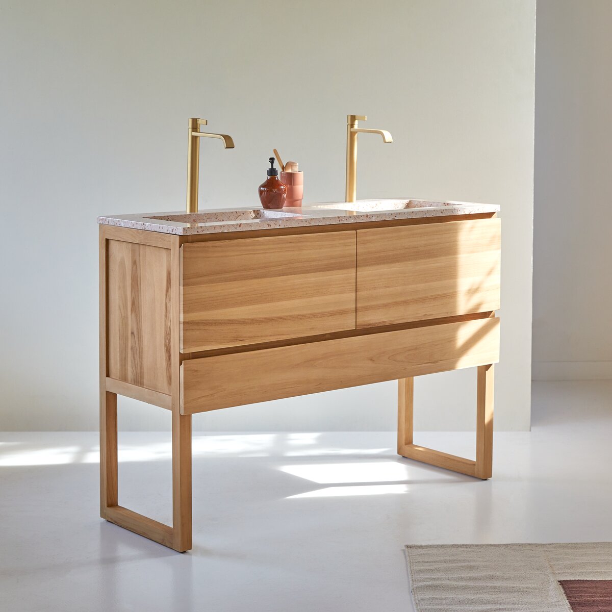 Teak vanity unit with pink premium terrazzo basin 120 cm Edgar ...