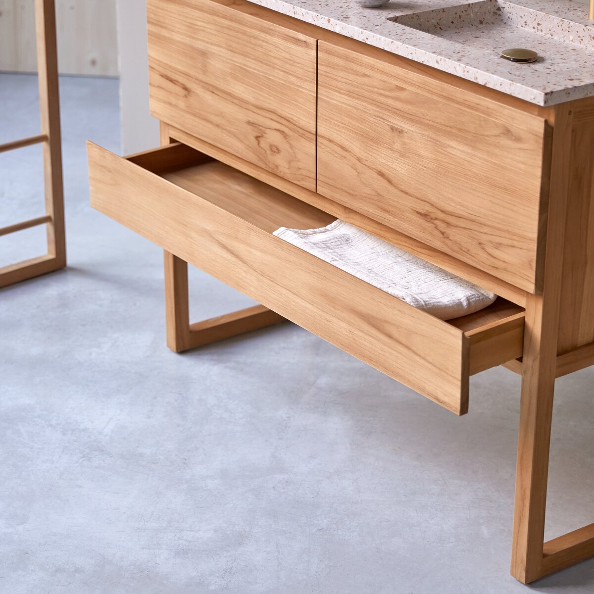 Teak vanity unit with pink premium terrazzo basin 120 cm - Bathroom ...