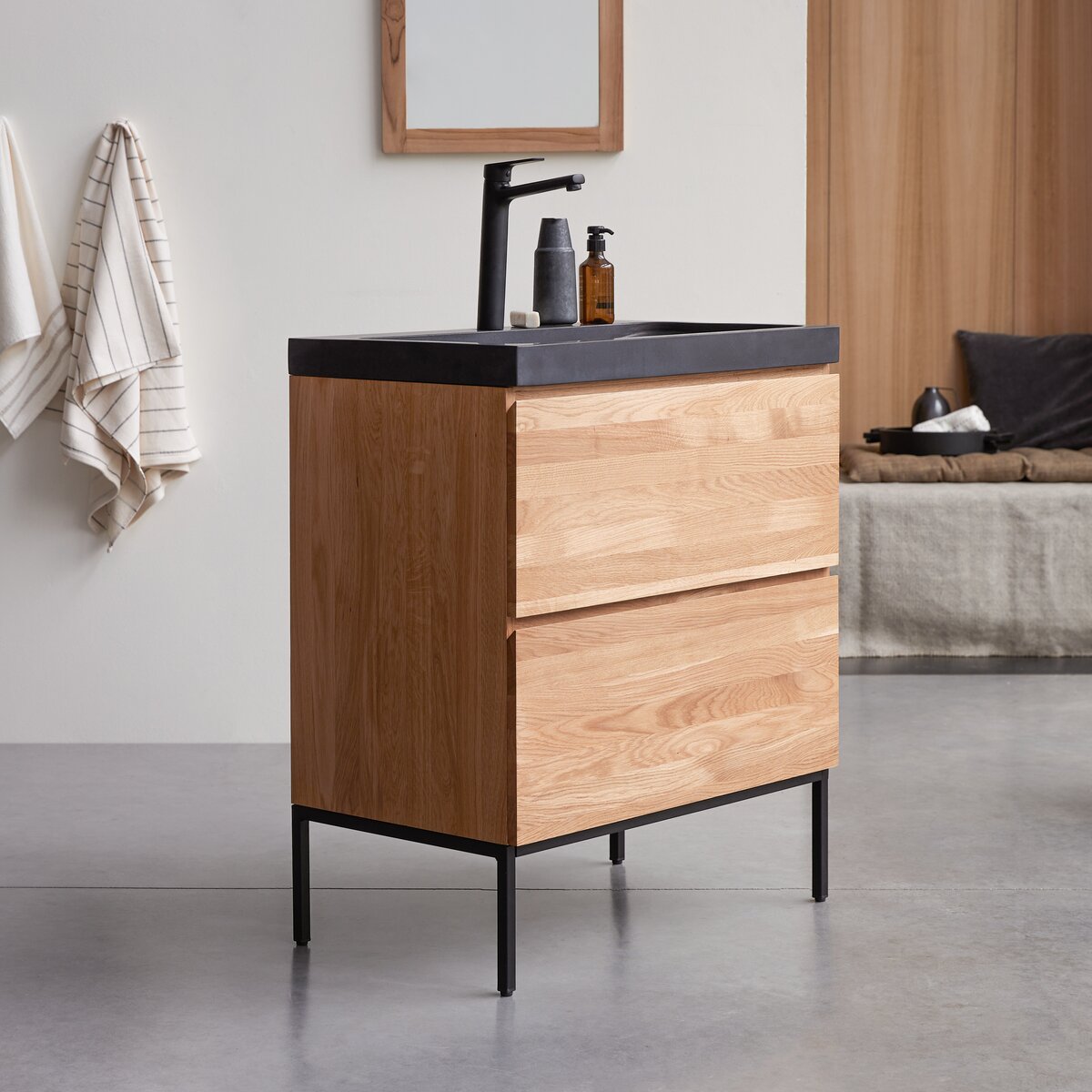 Nova Oak vanity unit lava stone 80 cm - Bathroom furniture - Tikamoon