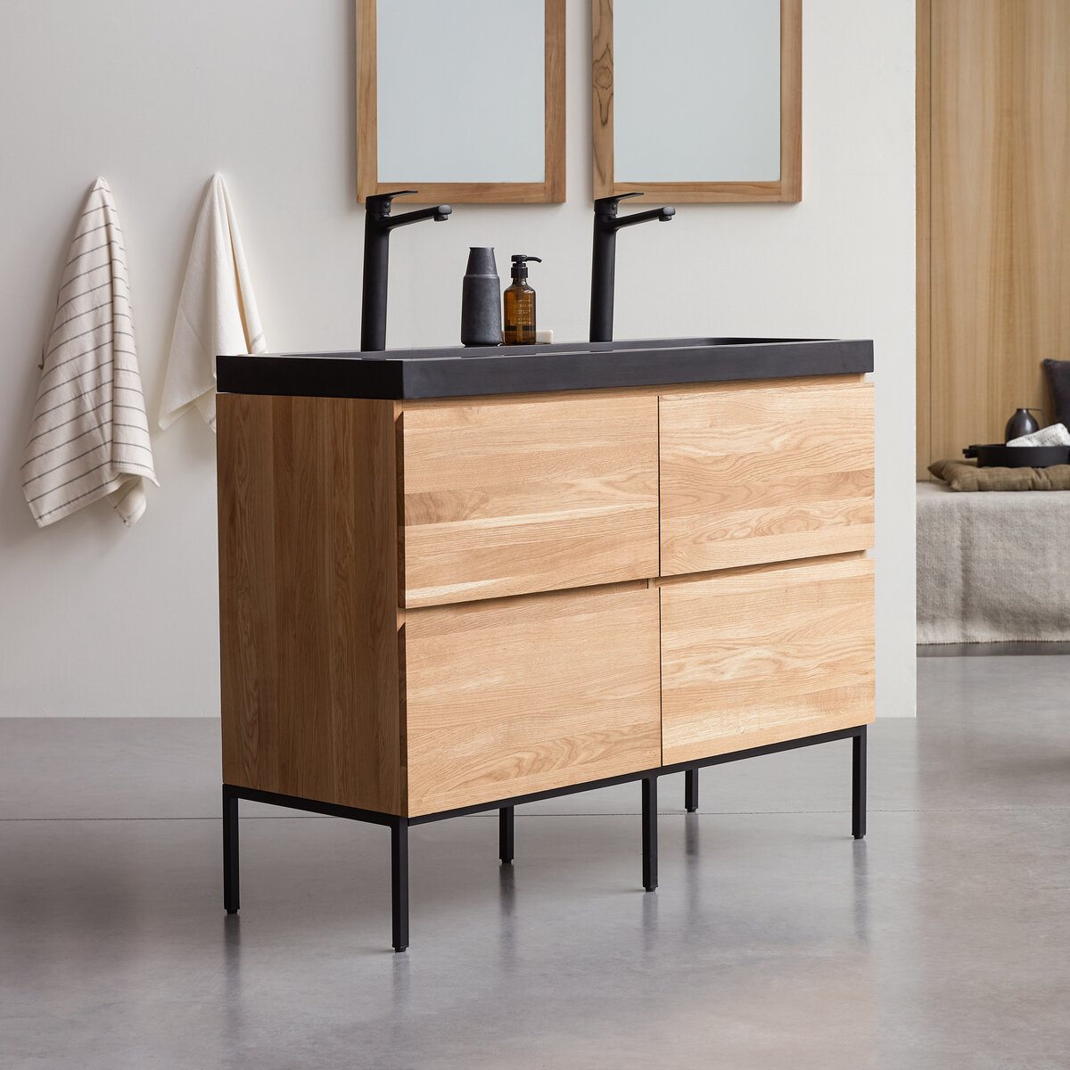 Nova Oak and lava stone vanity unit 120 cm - Bathroom furniture - Tikamoon