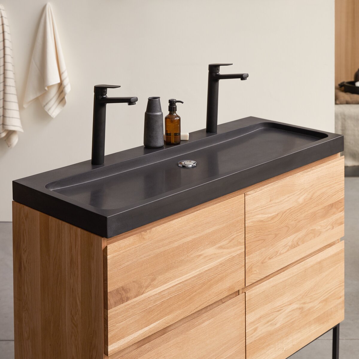 Nova Oak and lava stone vanity unit 120 cm - Bathroom furniture - Tikamoon